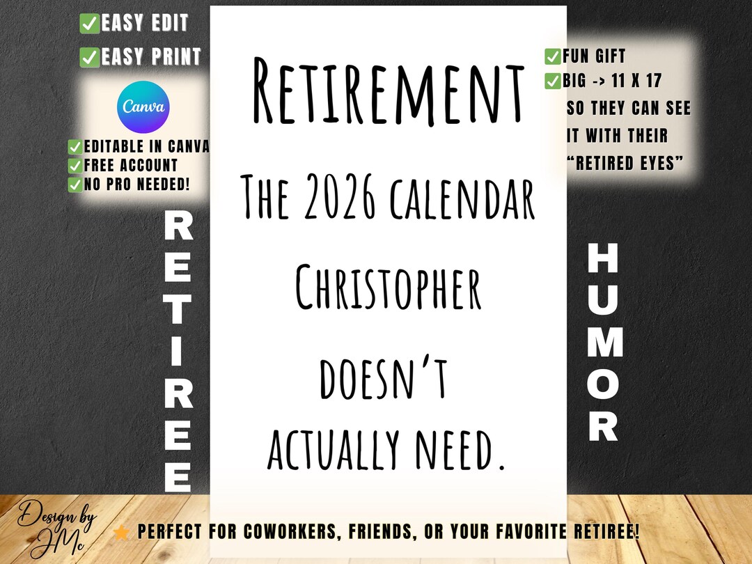 Retirement Calendar 2026 Editable Printable Funny Gift for Men & Women ...