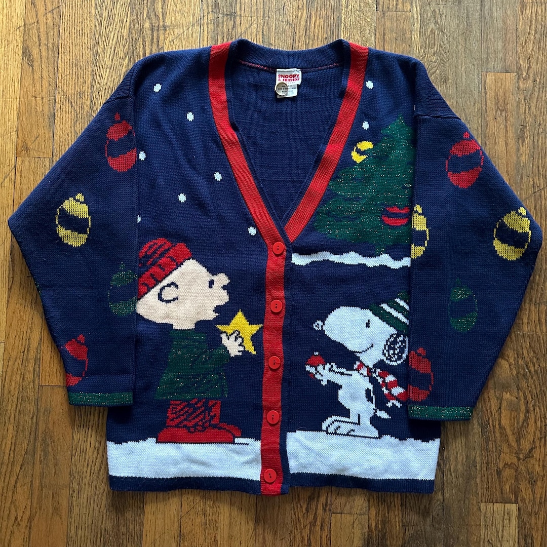 Vintage 90’s Charlie Brown Peanuts Snoopy Woodstock Christmas Cardigan ...