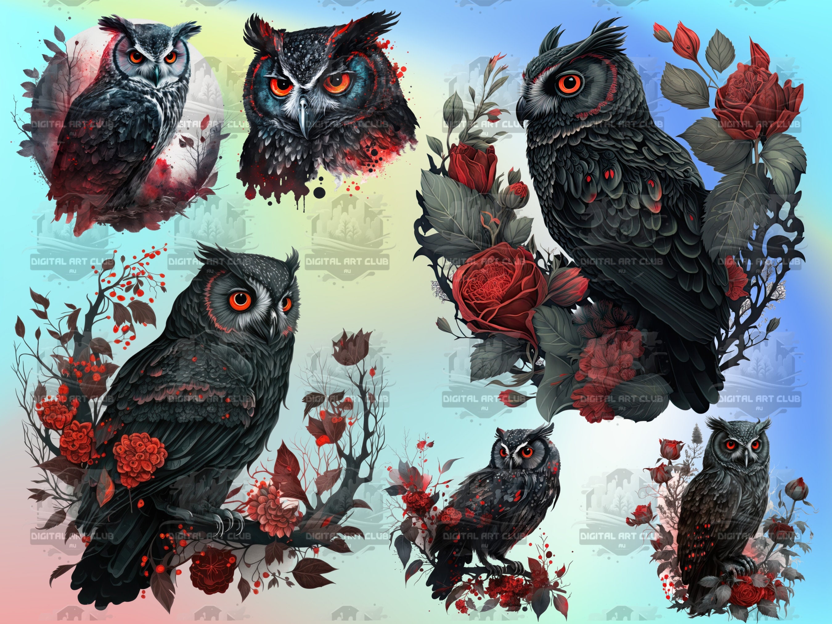30 Watercolor Gothic Owls Clipart | Dark Fantasy, Mystical, Celestial ...