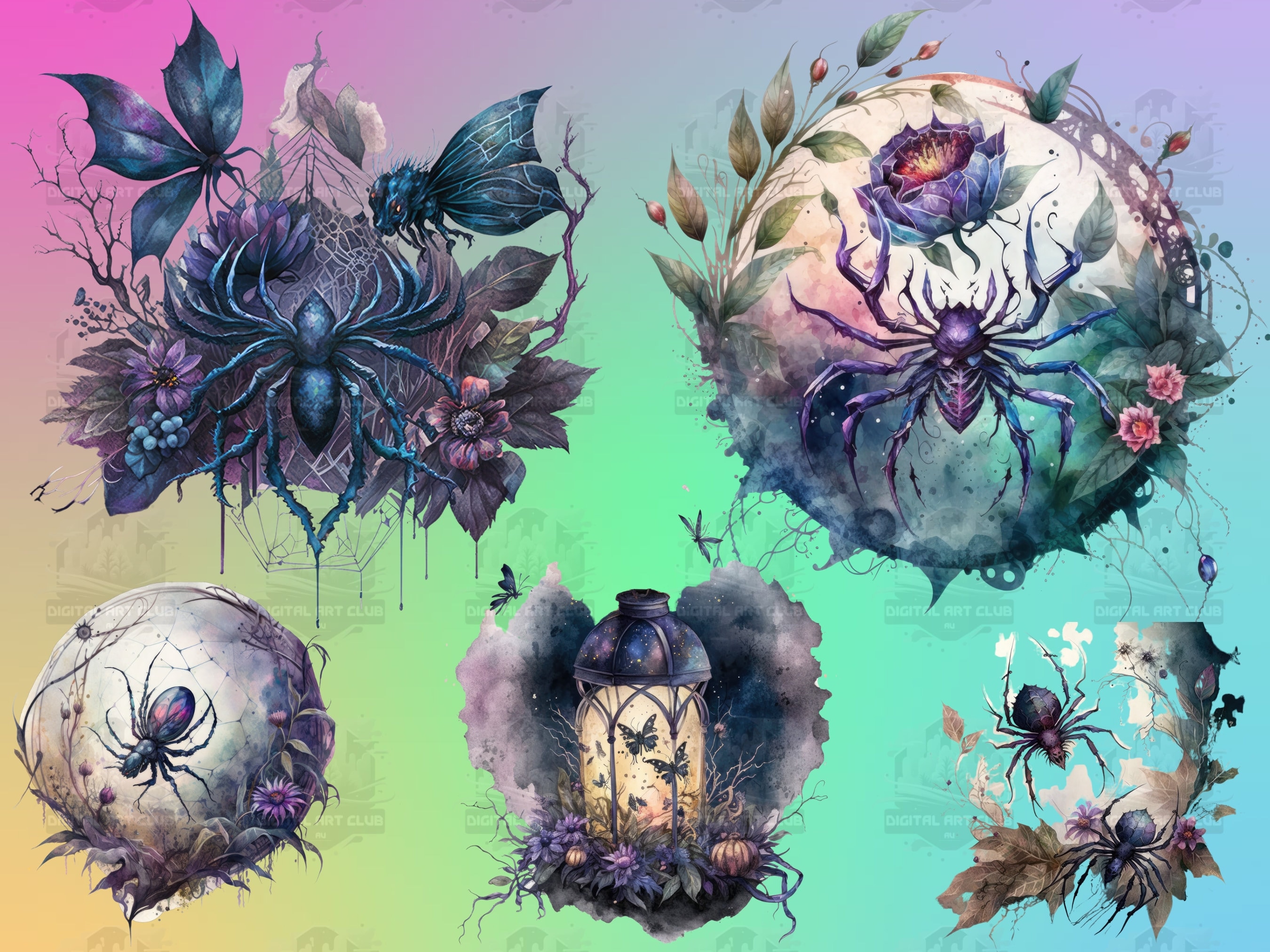30 Watercolor Gothic Spider Clipart | Floral, Dark Fantasy, Mystical ...