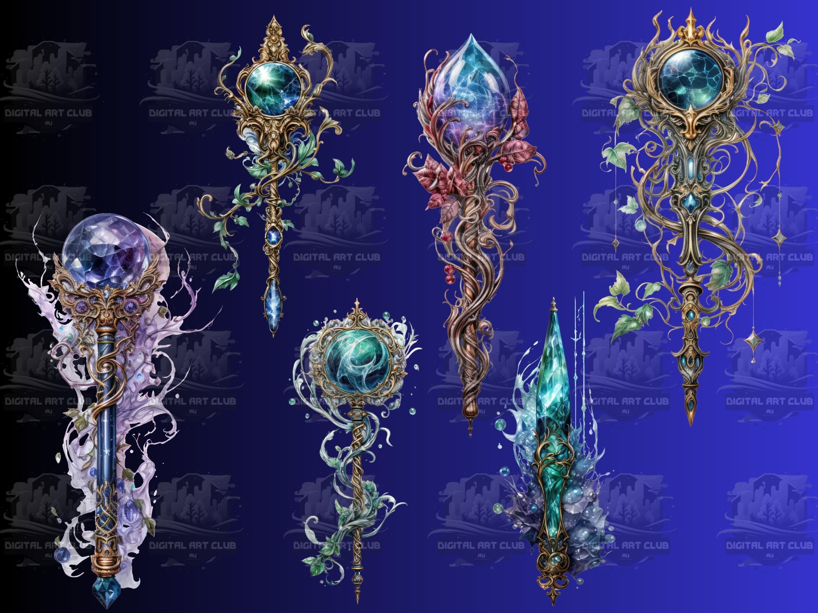 28 Watercolor Magic Staff Clipart Fantasy, Floral, Mystical PNG Clip ...