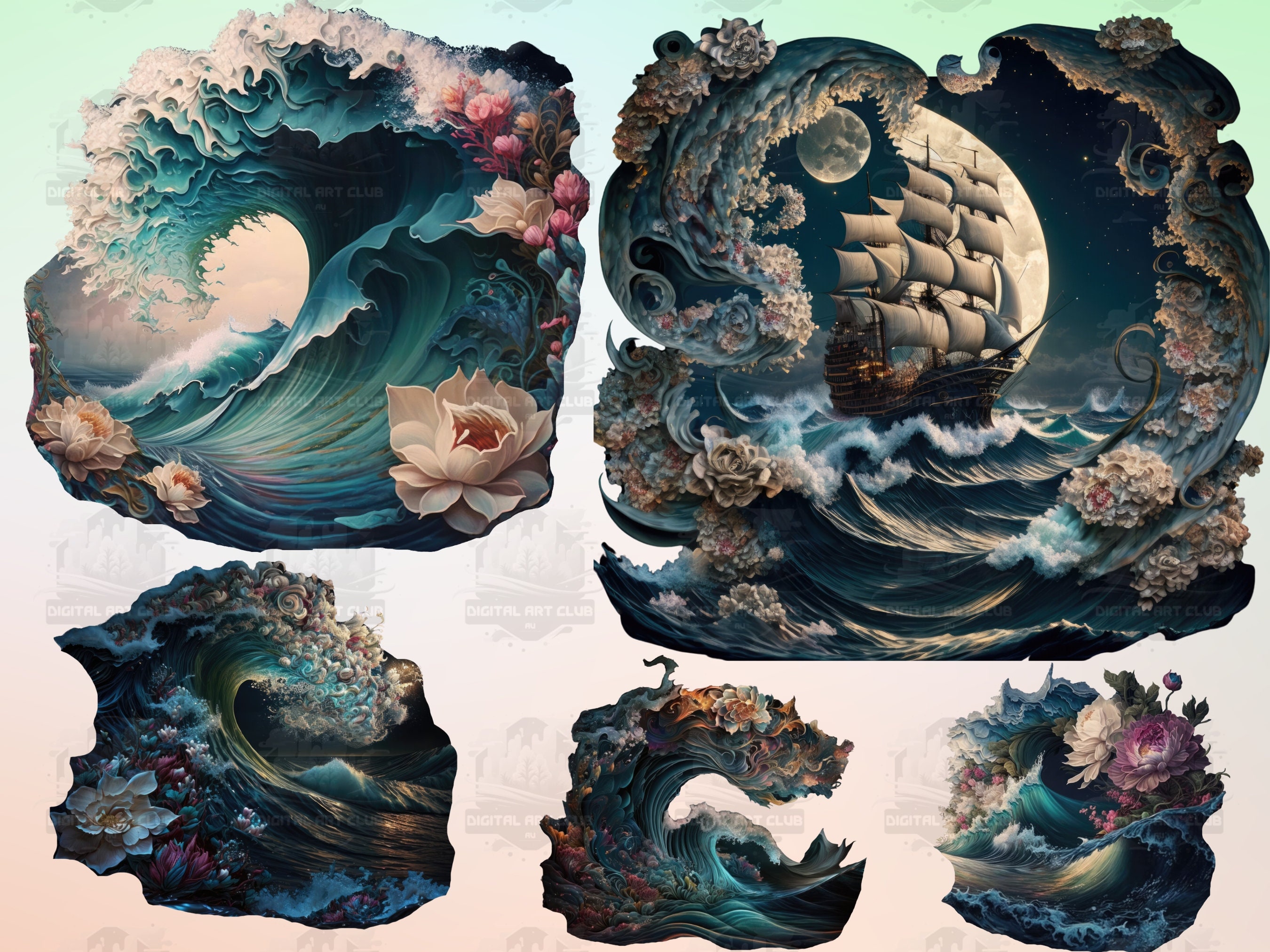 29 Fantasy Ocean Waves Clipart Floral, Surreal Digital PNG Clip Art ...