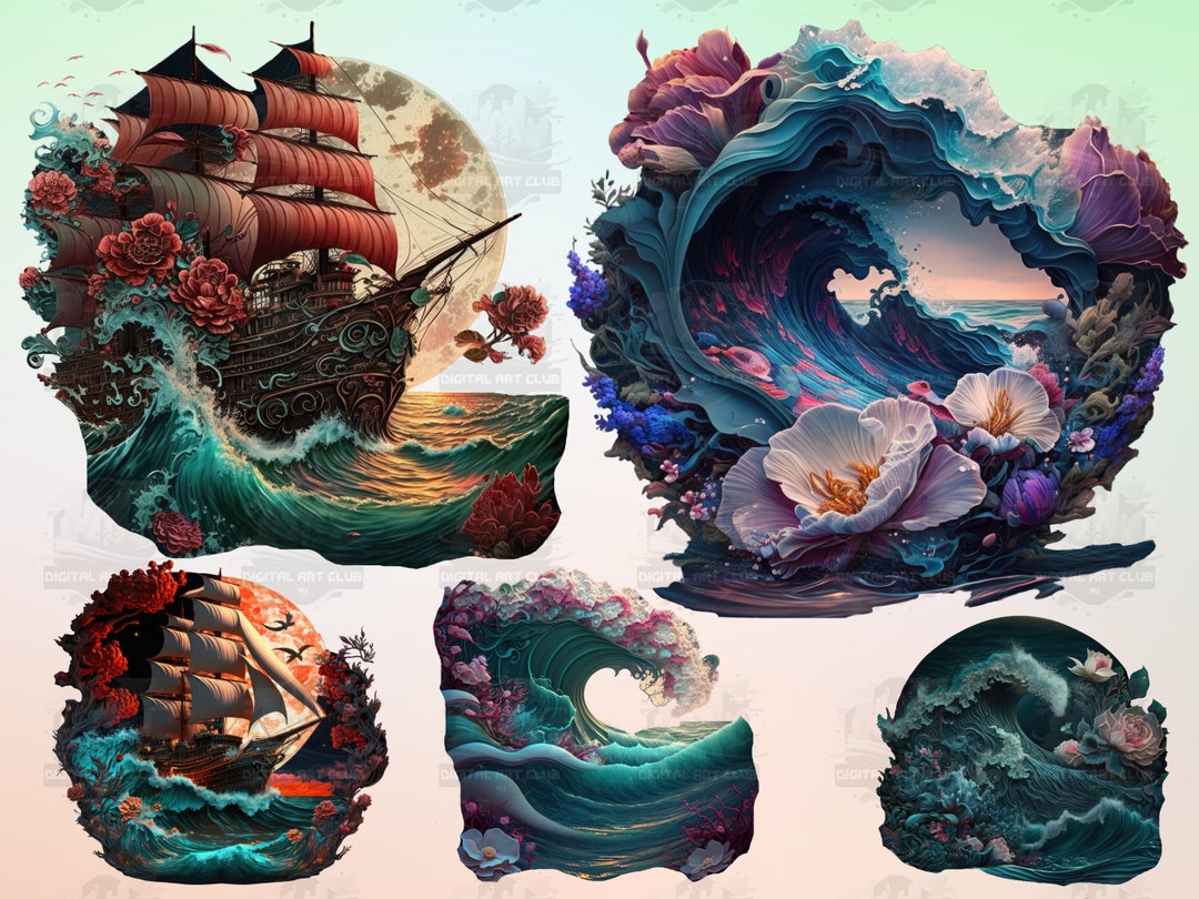 29 Fantasy Ocean Waves Clipart | Floral, Surreal | Digital PNG Clip Art ...
