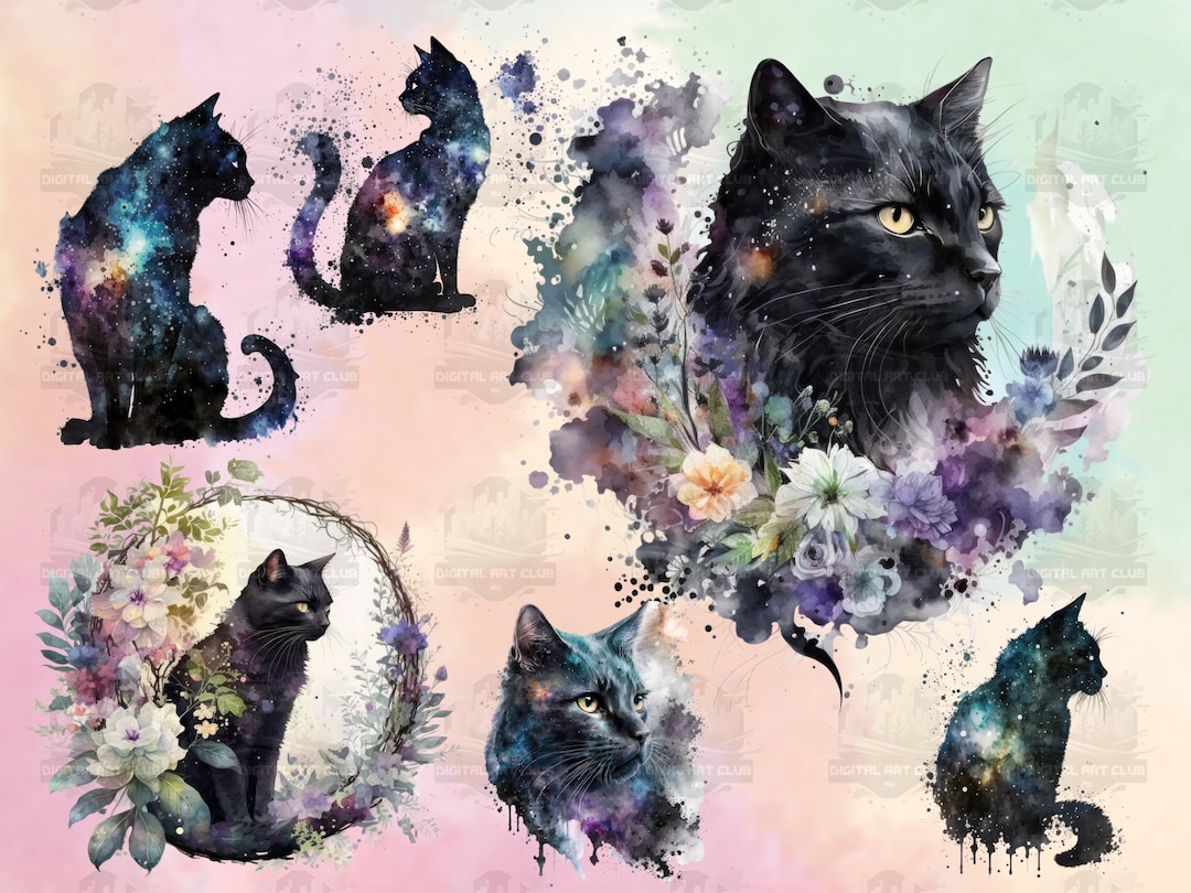 32 Watercolor Black Cat Clipart | Digital PNG Clip Art, 300 DPI ...