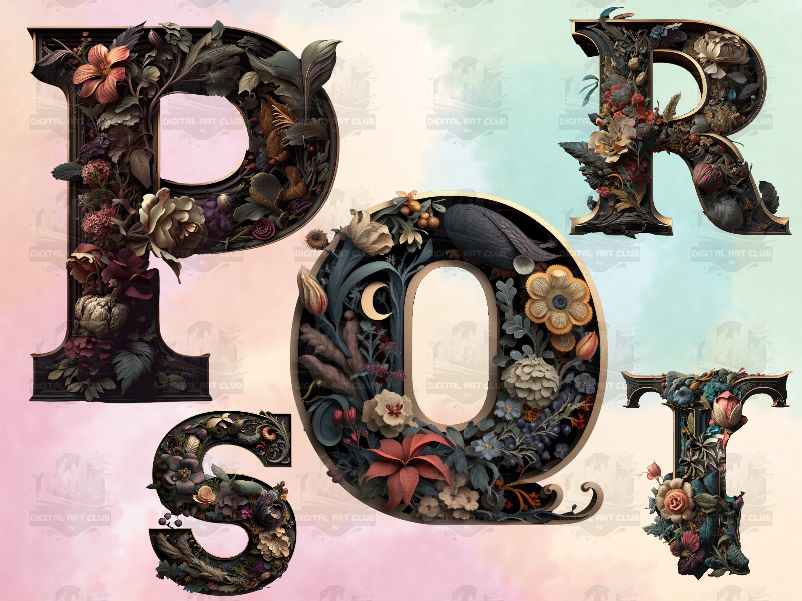 26 Dark Fantasy Alphabet Letters Clipart Floral, Fairy, Gothic Digital ...
