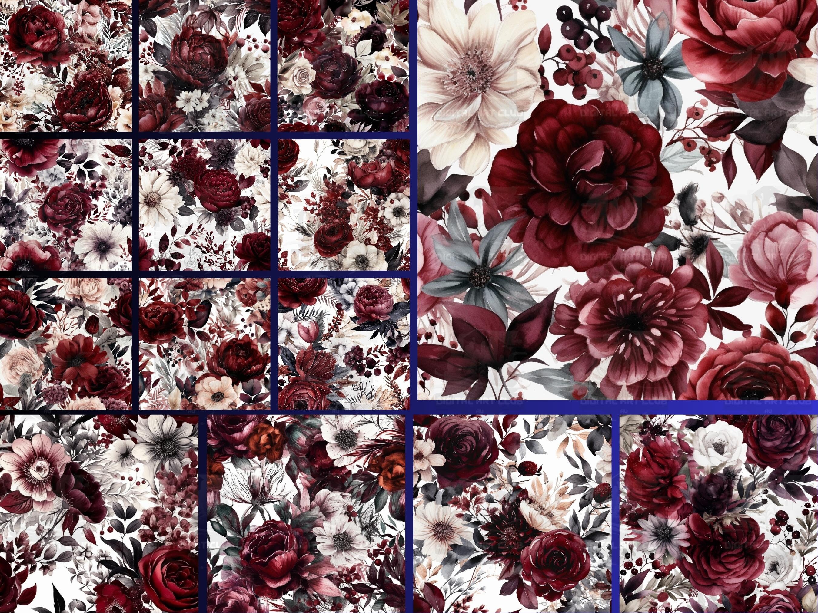 14 Burgundy Flowers Digital Papers, Scrapbooking, Flowers Background ...