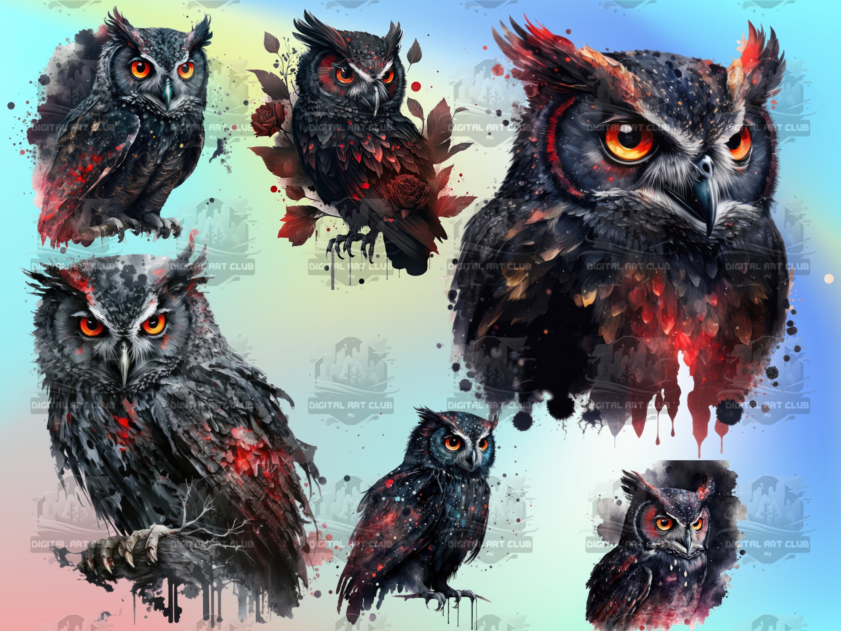 30 Watercolor Gothic Owls Clipart | Dark Fantasy, Mystical, Celestial ...