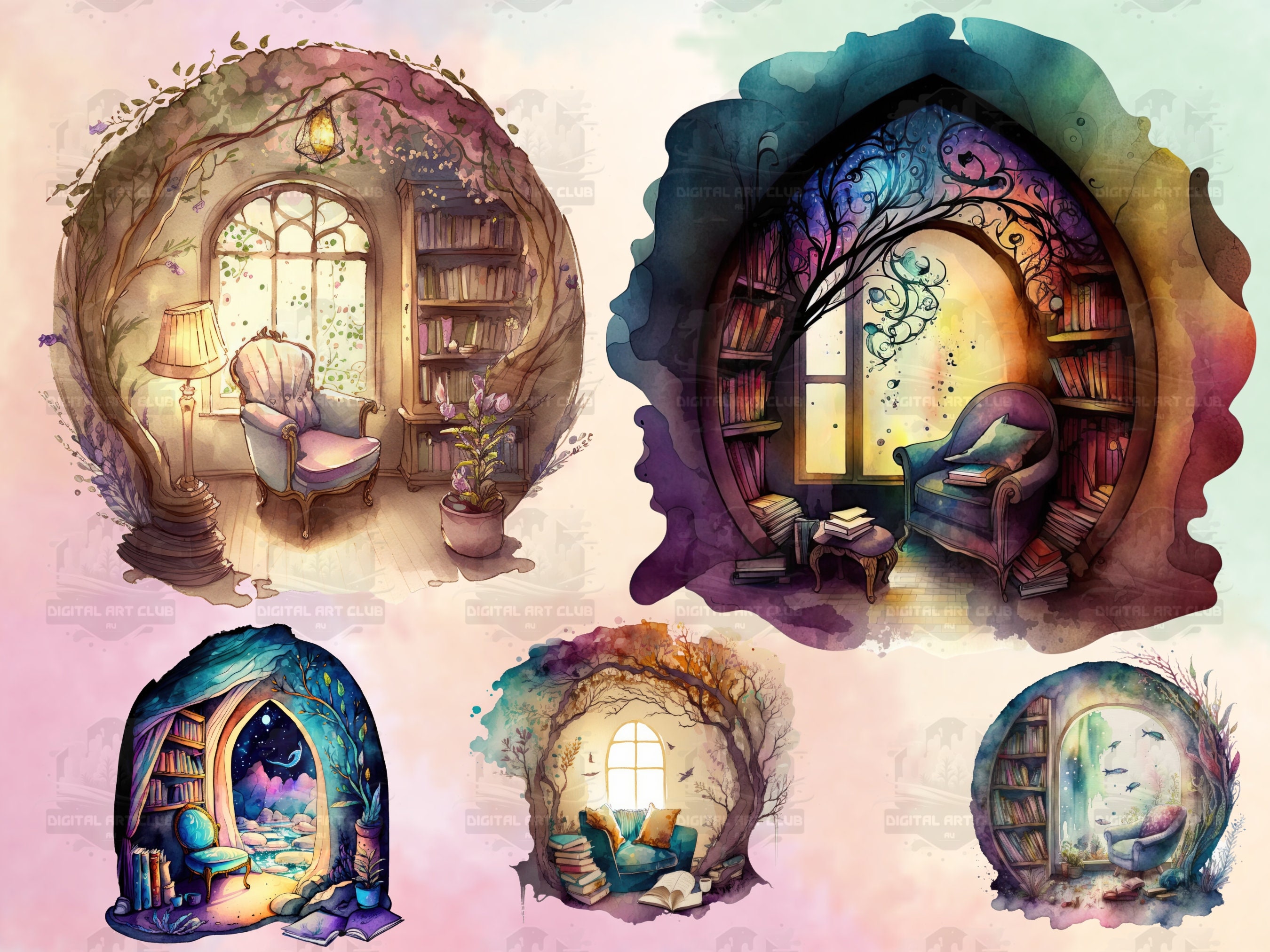 29 Watercolor Reading Nooks Clipart Fantasy, Floral, Galaxy, Home ...