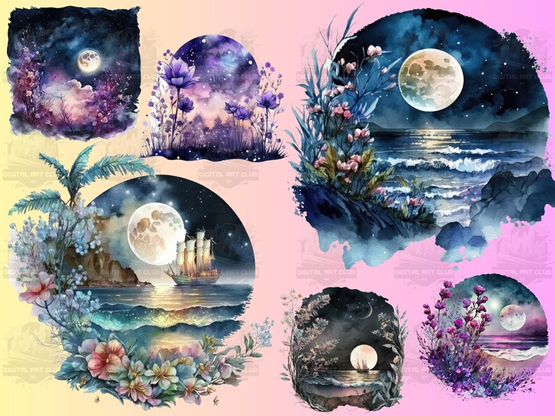 30 Watercolor Moonlight Beaches Clipart | Fantasy | Digital PNG Clip ...