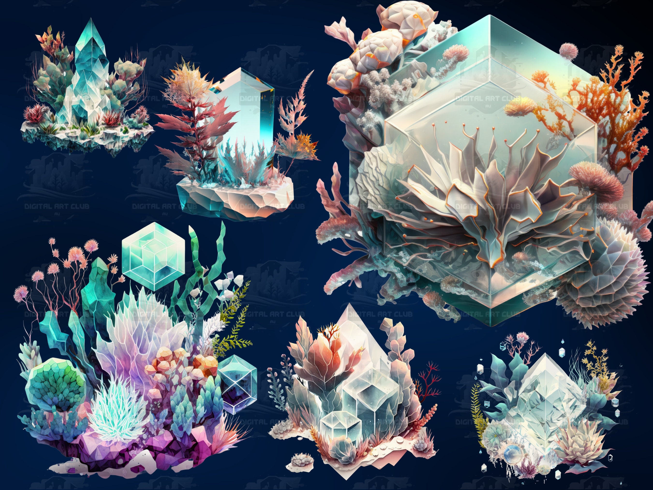 30 Fantasy Sea Crystal Clipart Digital PNG Clip Art, 300 DPI Floral ...