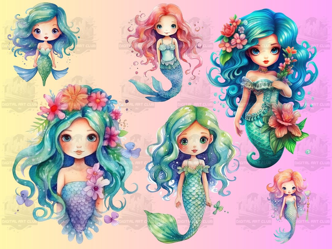 26 Watercolor Mermaid Clipart | Floral, Fantasy, Magical | Digital PNG ...