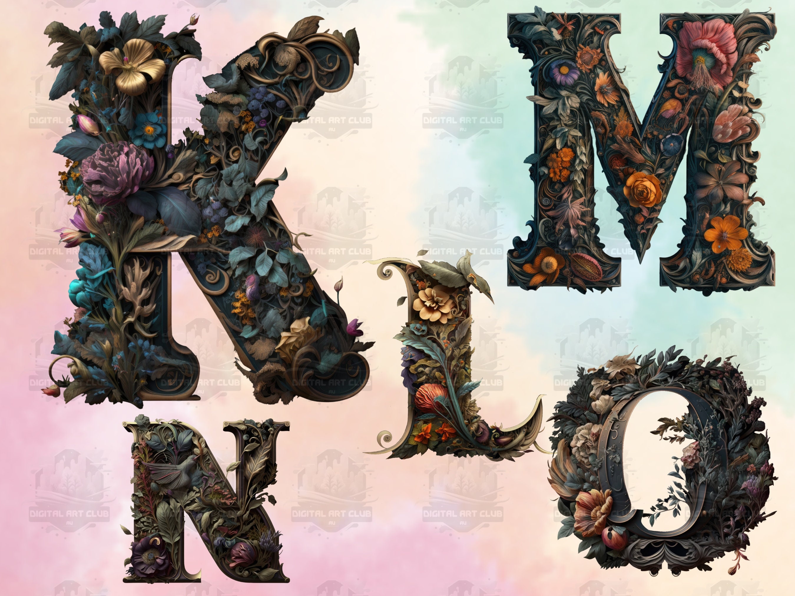 26 Dark Fantasy Alphabet Letters Clipart Floral, Fairy, Gothic Digital ...