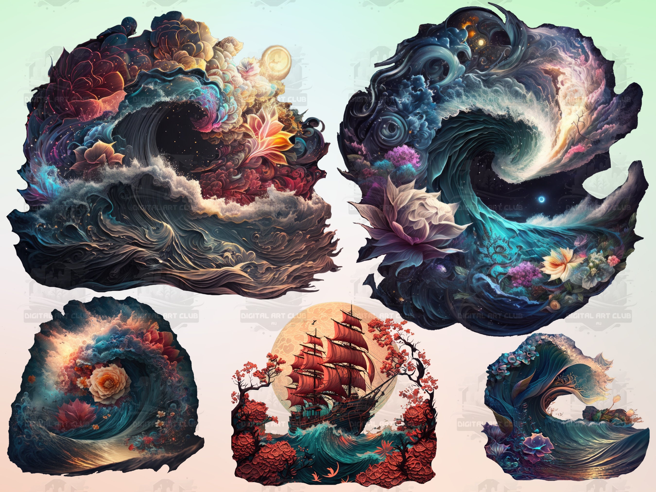 29 Fantasy Ocean Waves Clipart Floral, Surreal Digital PNG Clip Art ...