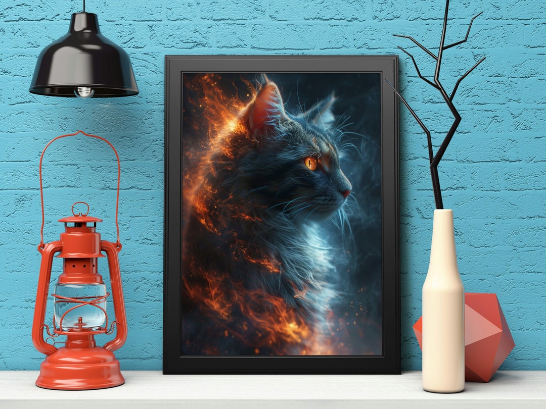 Flaming Cat | Digital Art Print, Wall Art, AI Generated, AI Art ...