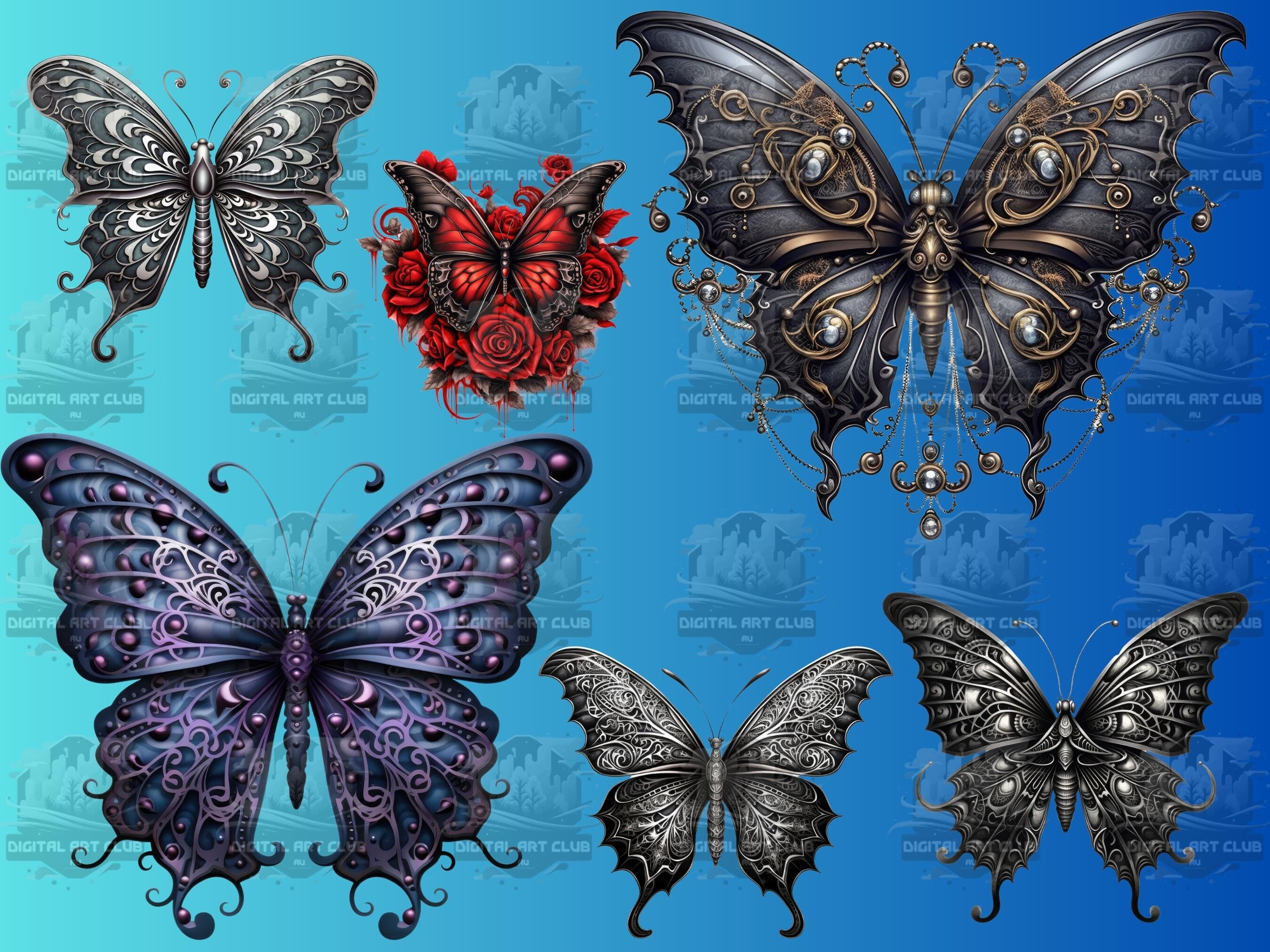 29 Gothic Butterfly Clipart | Digital PNG Clip Art, 300 DPI | Dark ...