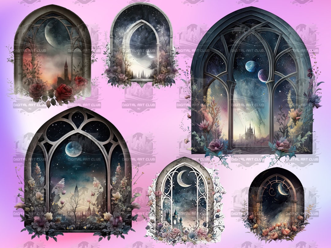 32 Watercolor Gothic Arched Window Clipart | Dark Fantasy, Celestial ...