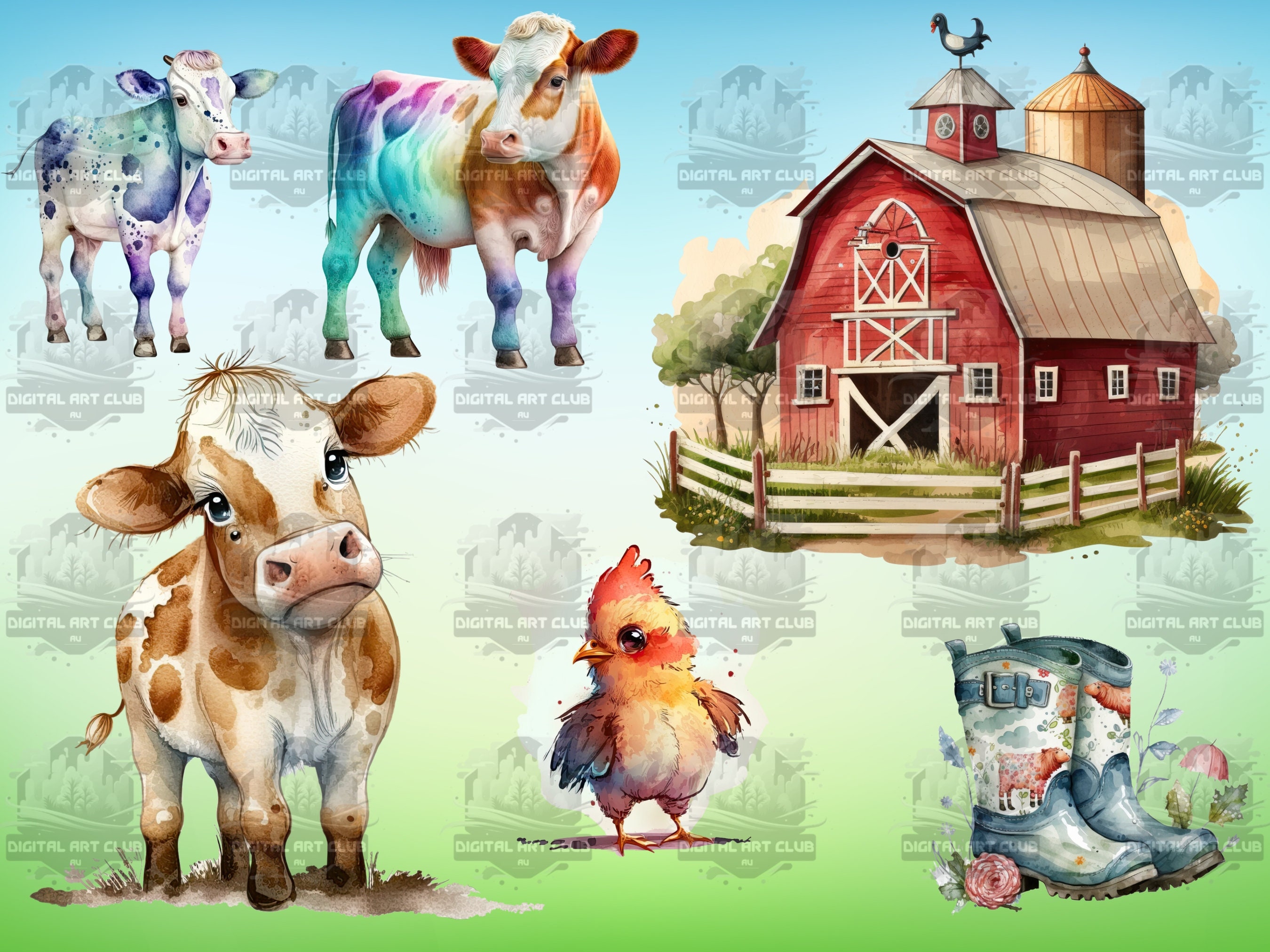 28 Watercolor Farm Animals Clipart Cute Fun Adorable - Etsy