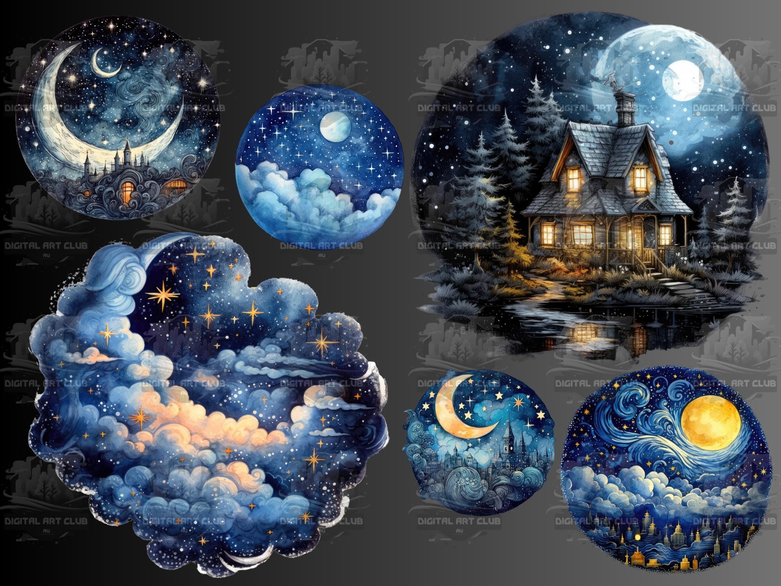 28 Watercolor Starry Nightscape Clipart | Fantasy,galaxy | Digital PNG ...