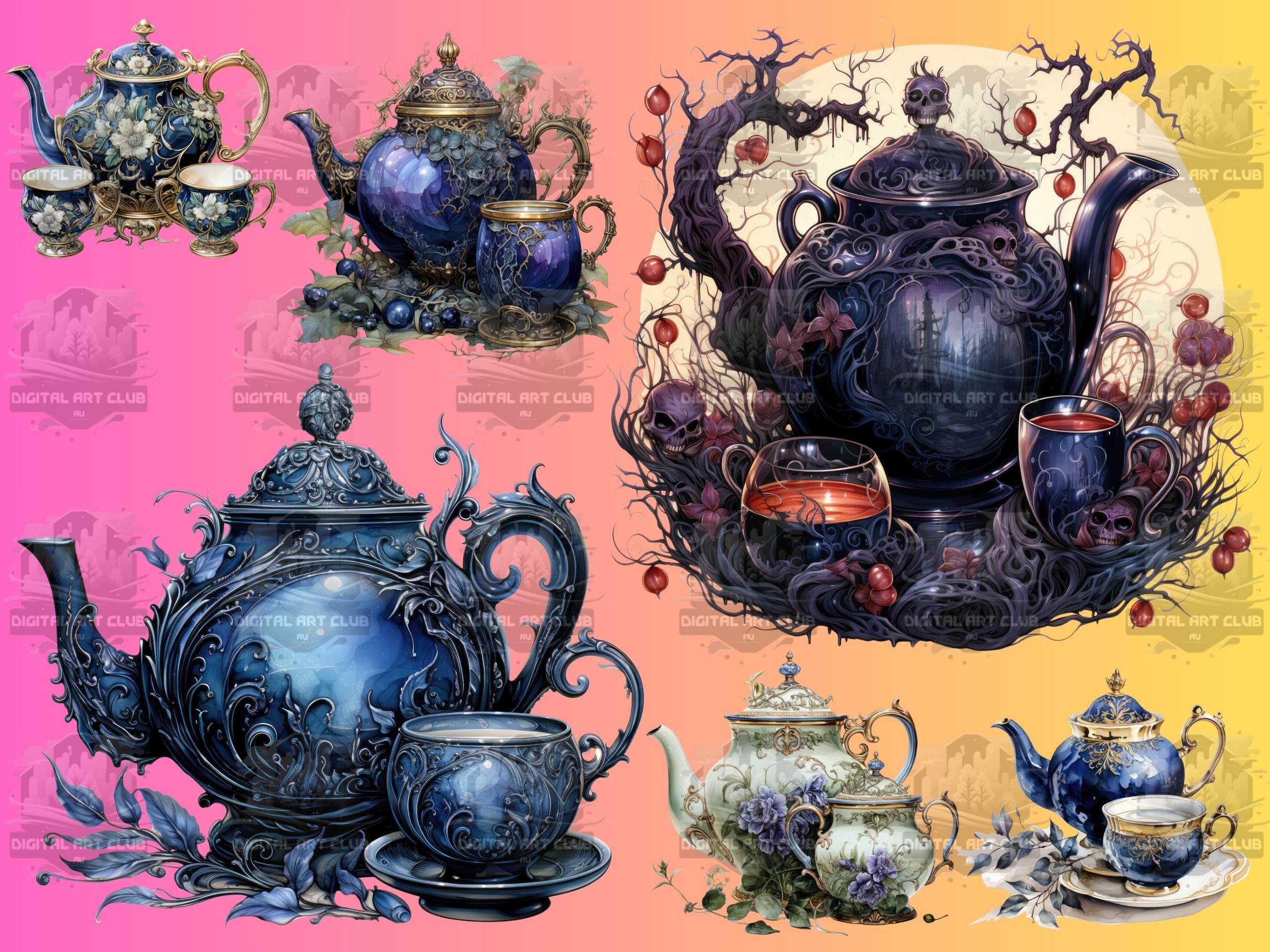 29 Fantasy Tea Set Clipart Floral, Gothic, Mystical PNG Clip Art, 300 ...