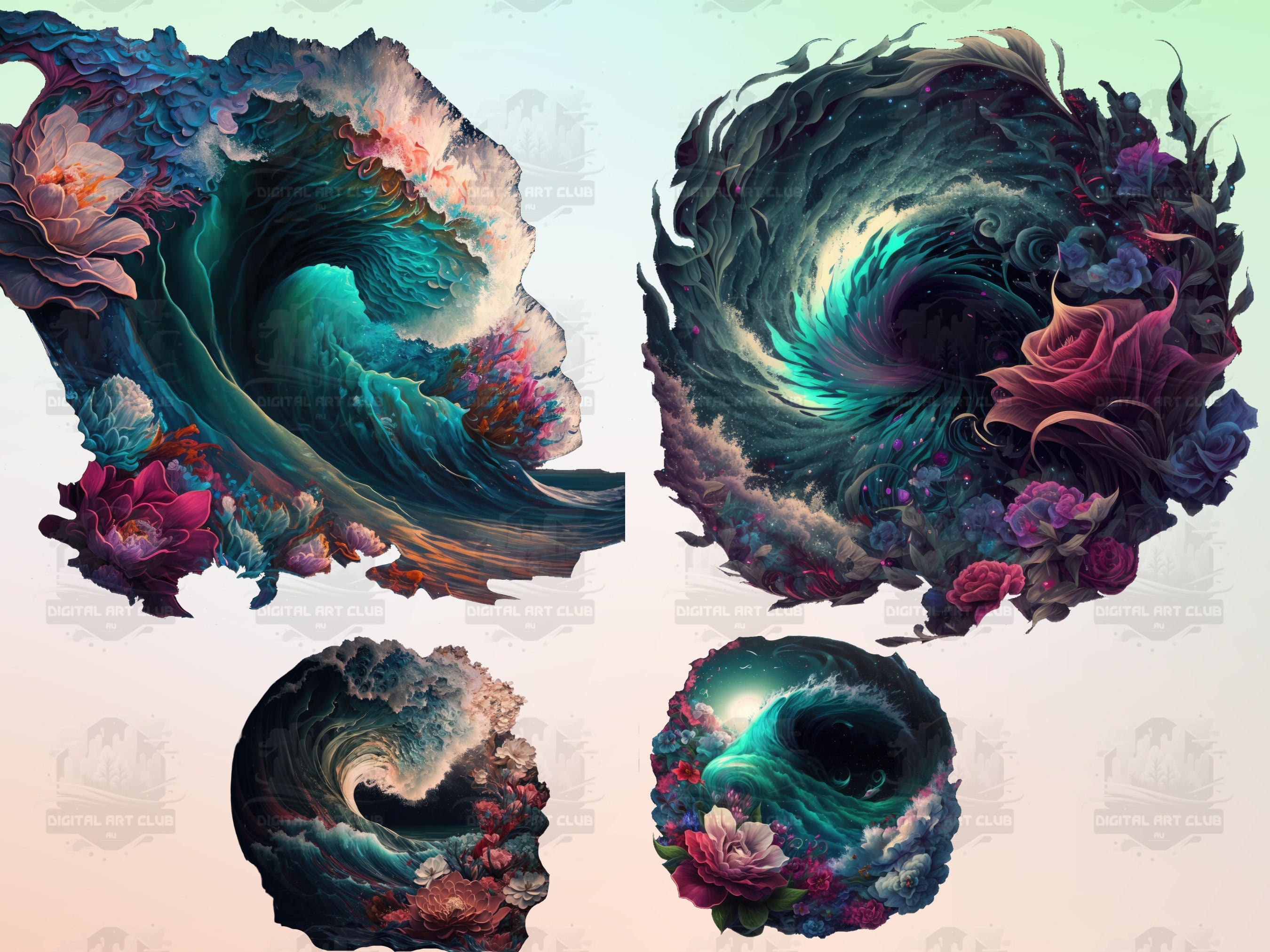 29 Fantasy Ocean Waves Clipart Floral, Surreal Digital PNG Clip Art ...