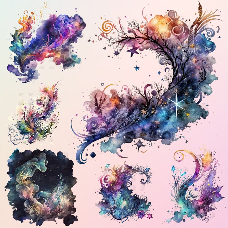24 Watercolor Floral Galaxies Clipart Fantasy Digital PNG Clip Art, 300 ...