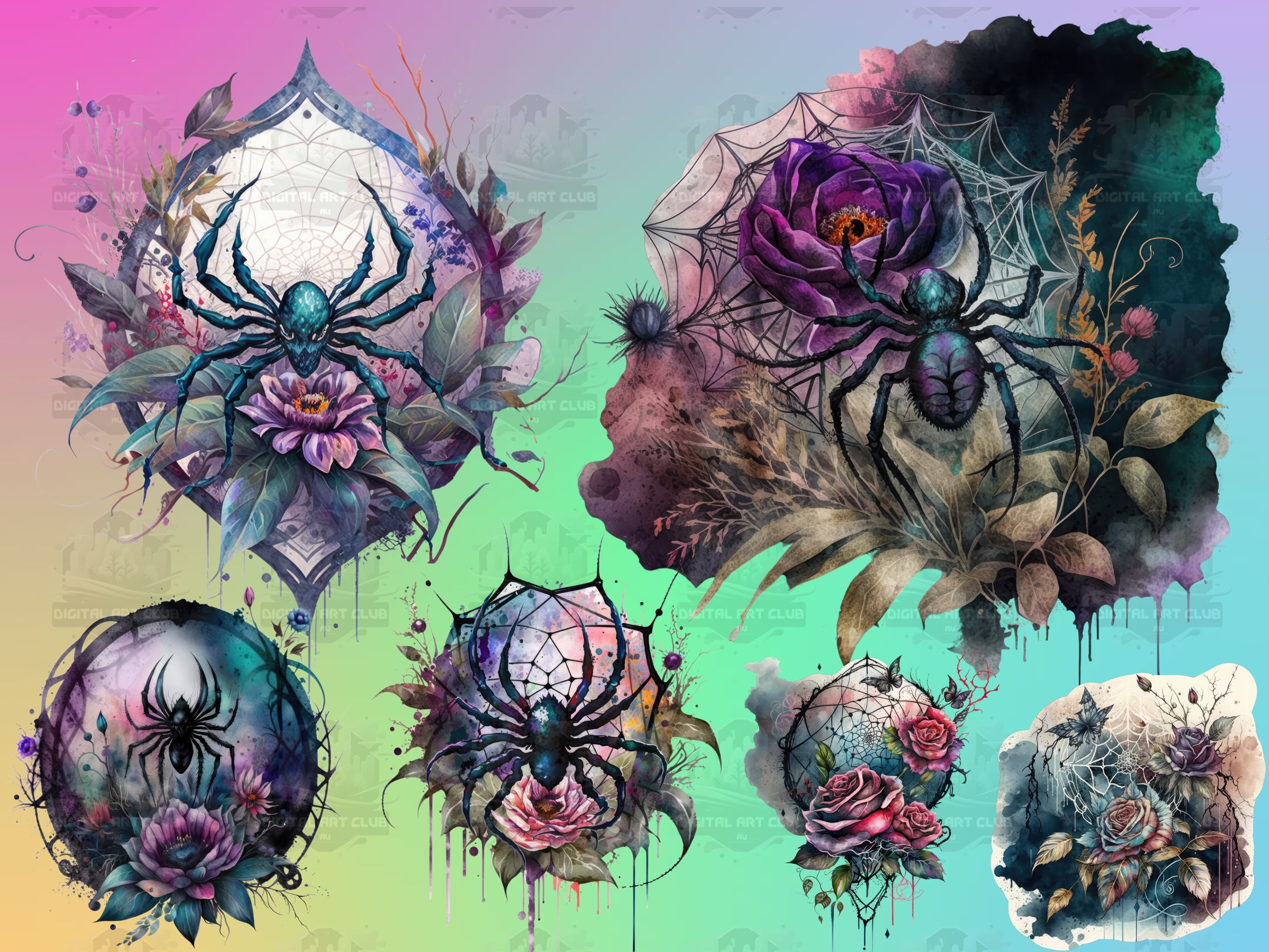 30 Watercolor Gothic Spider Clipart Floral, Dark Fantasy, Mystical ...