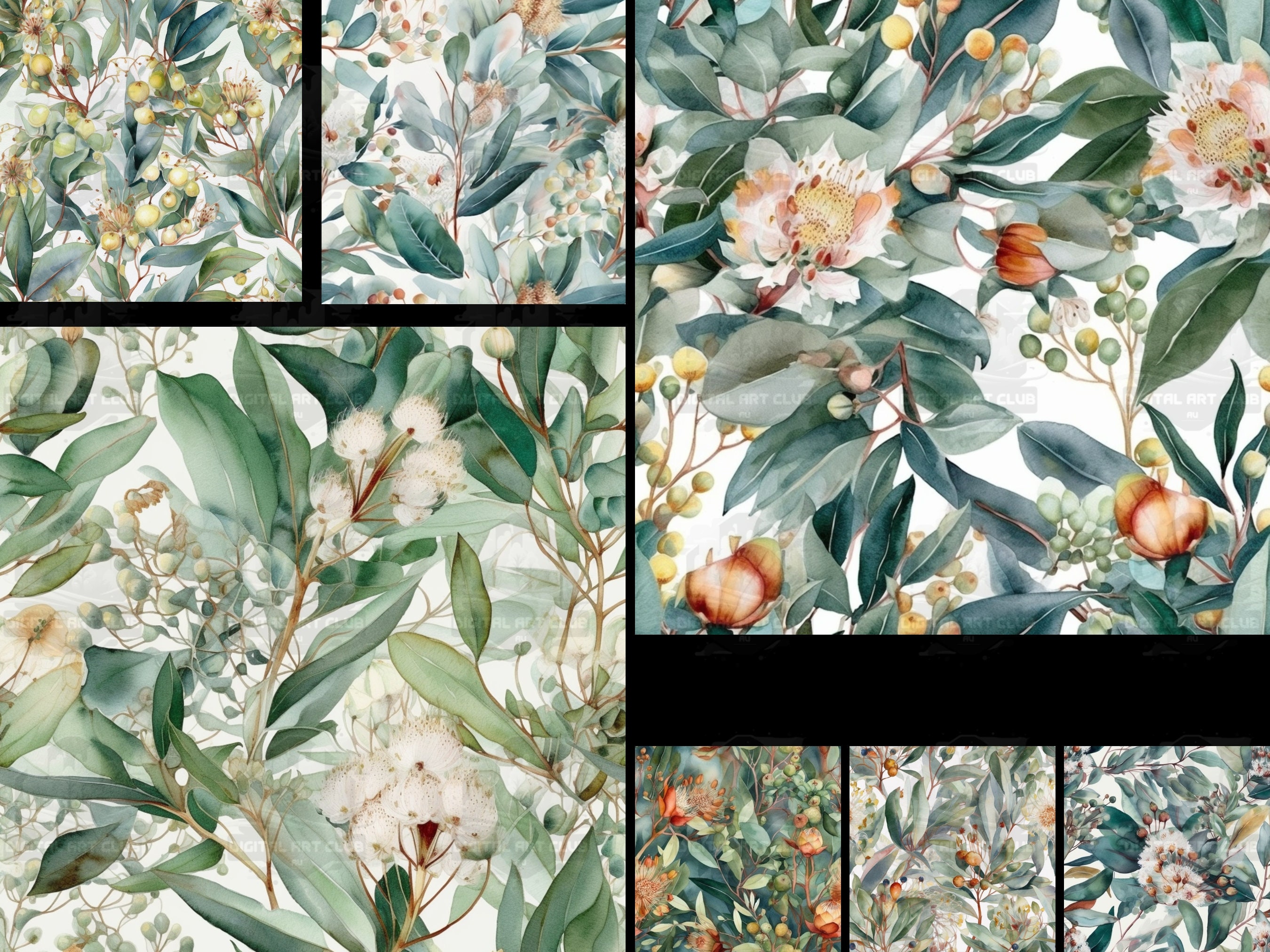 13 Watercolor Eucalyptus Digital Papers, Scrapbooking, Floral & Leaves ...