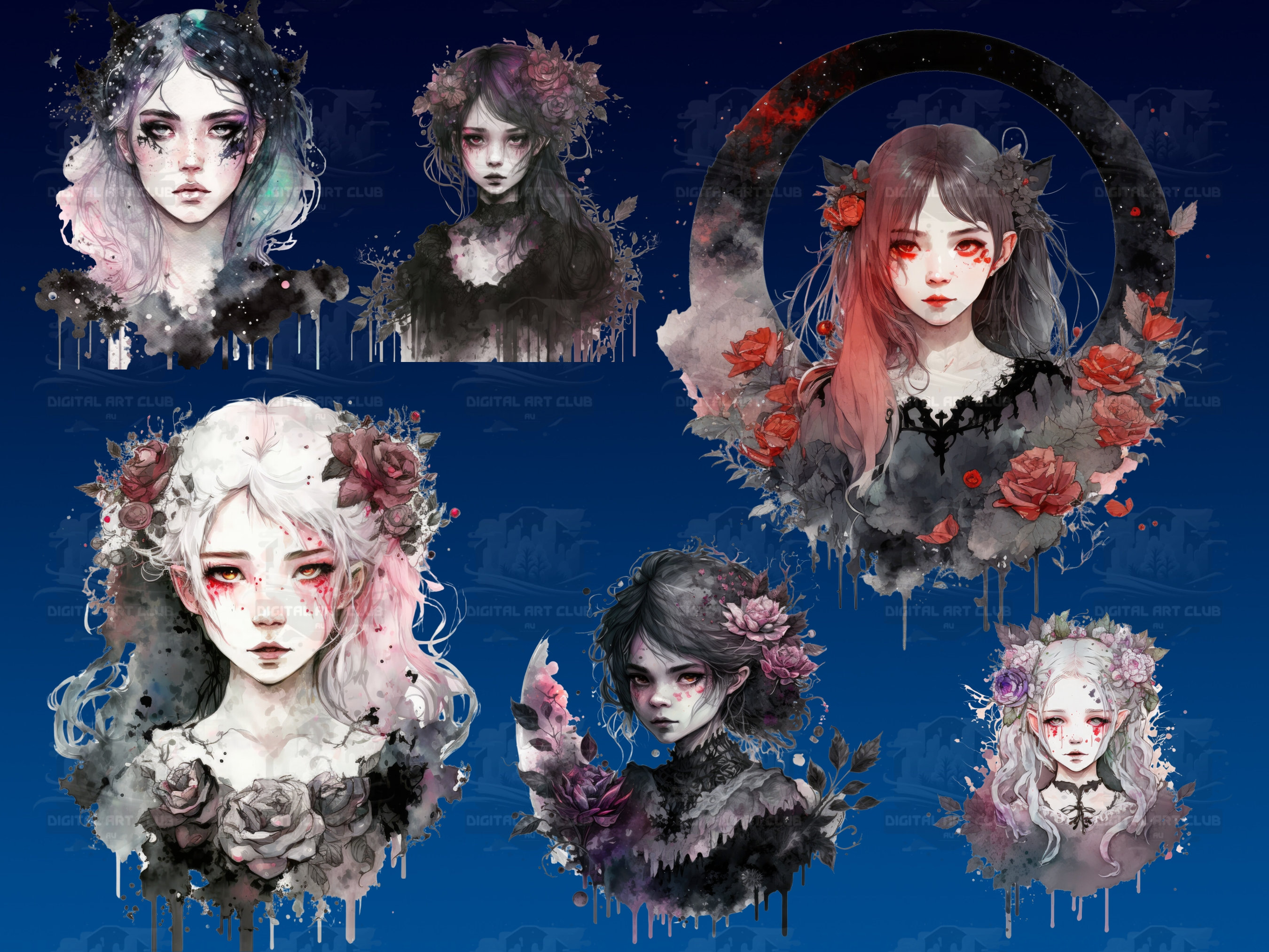 32 Watercolor Vampire Girls Clipart Floral, Fantasy, Galaxy Digital PNG ...