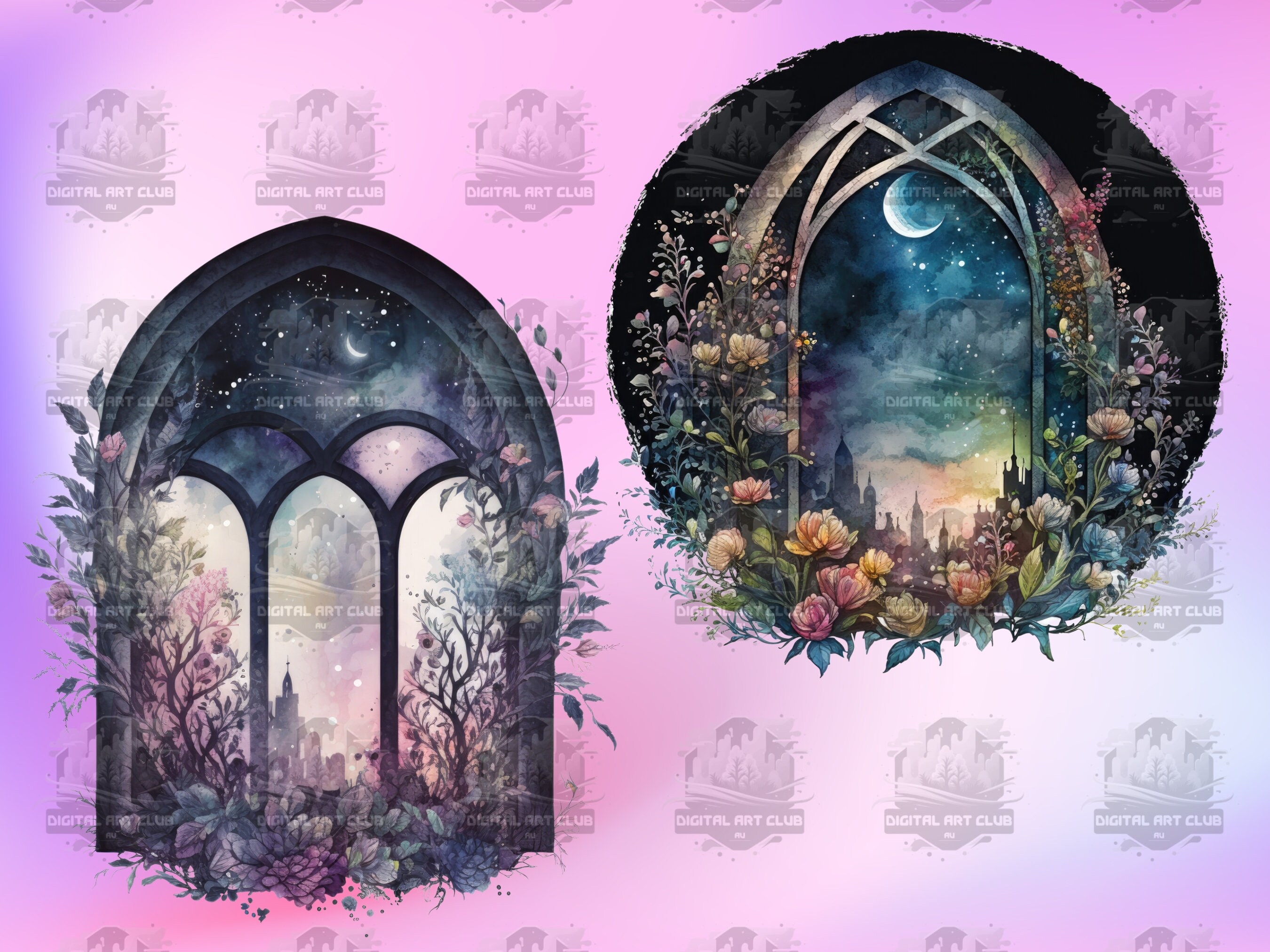32 Watercolor Gothic Arched Window Clipart Dark Fantasy, Celestial ...