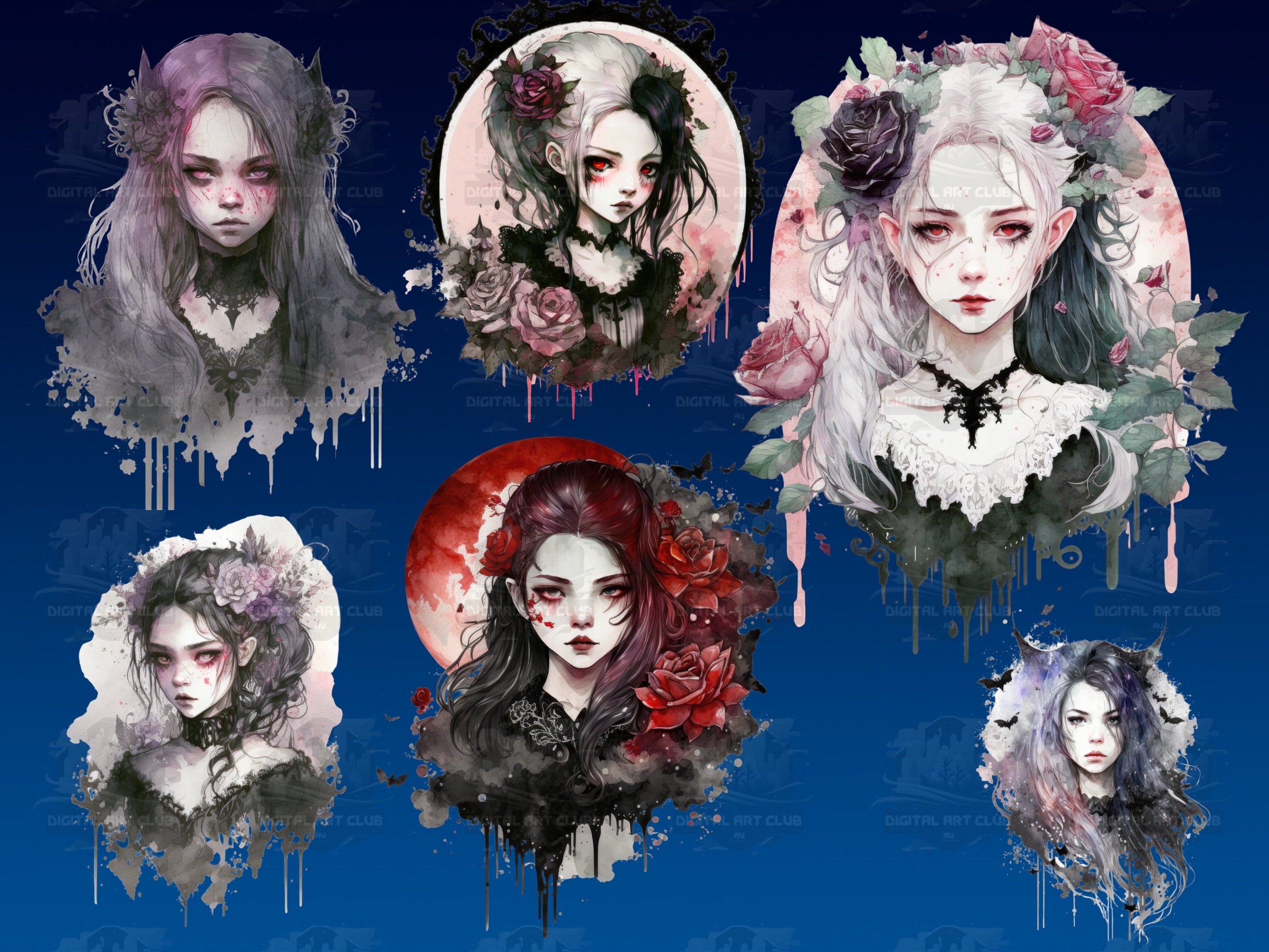 32 Watercolor Vampire Girls Clipart Floral, Fantasy, Galaxy Digital PNG ...