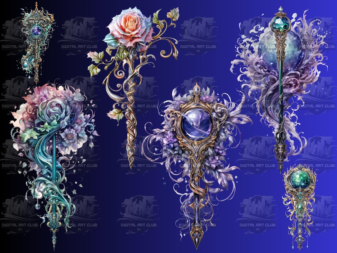 28 Watercolor Magic Staff Clipart | Fantasy, Floral, Mystical | PNG ...