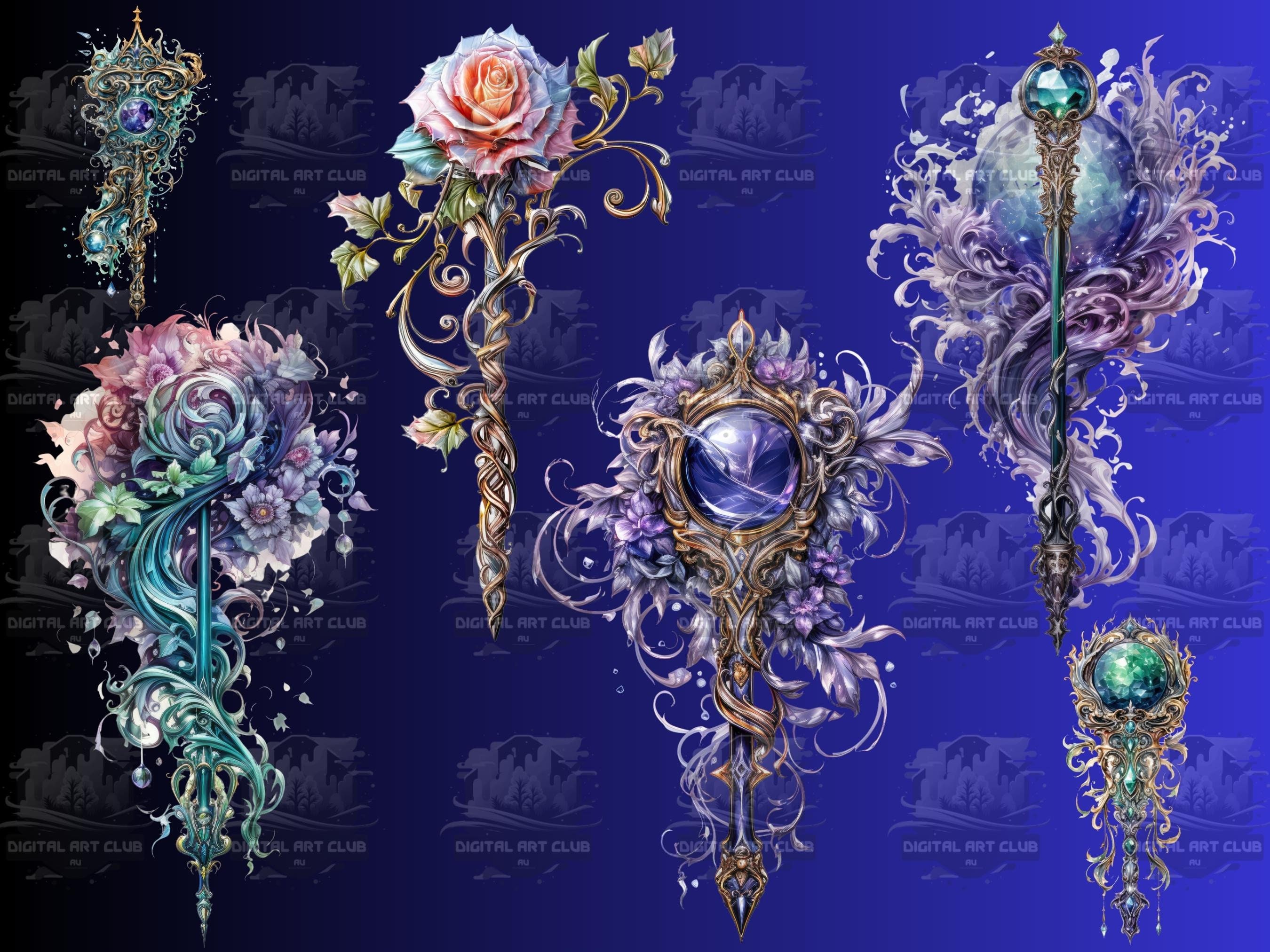 28 Watercolor Magic Staff Clipart | Fantasy, Floral, Mystical | PNG ...