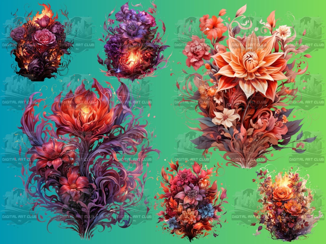 27 Watercolor Flame Flowers Clipart | Digital PNG Clip Art, Transparent ...