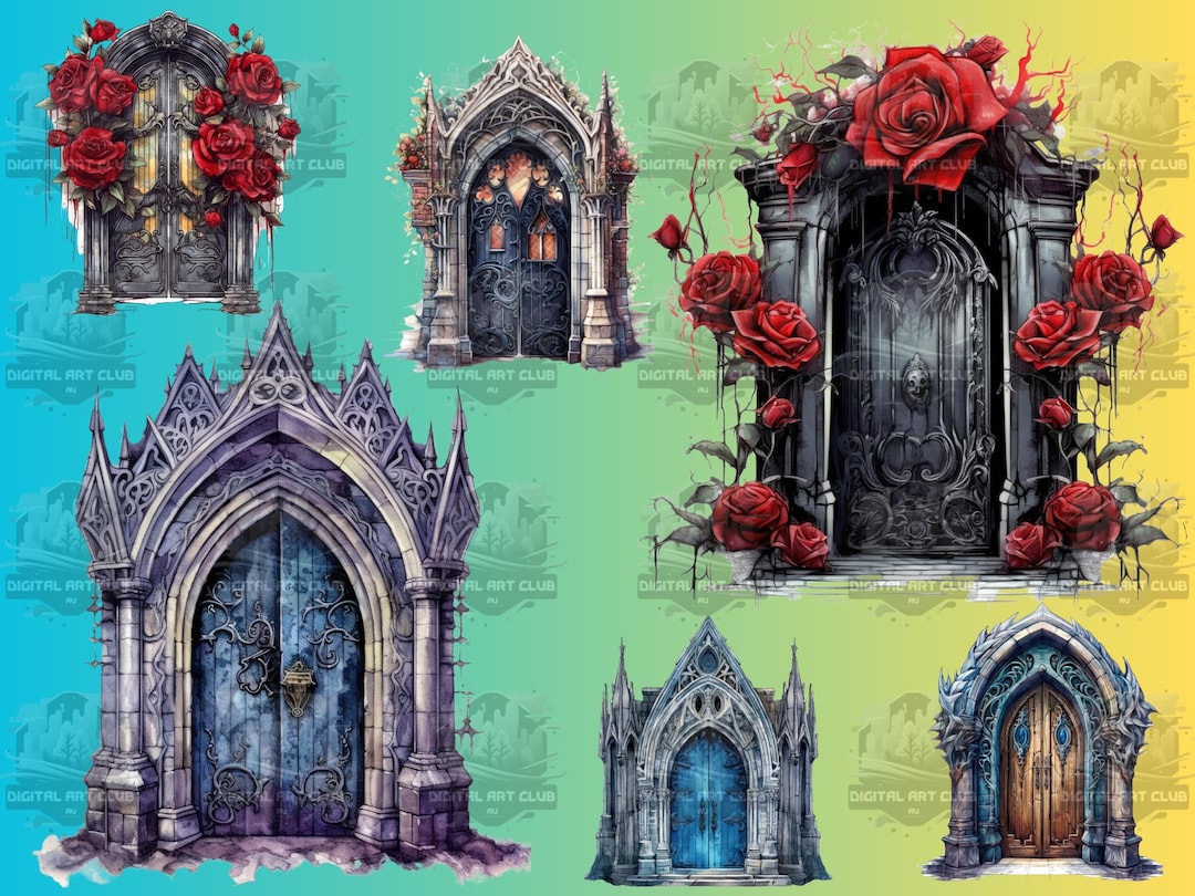30 Watercolor Gothic Door Clipart | Mystical, Floral, Dark Fantasy ...
