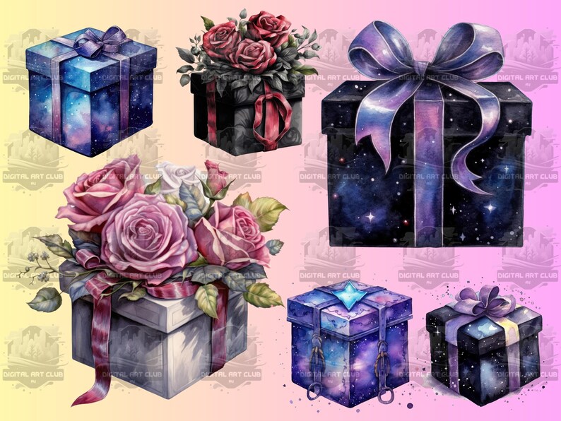 28 Gothic Gift Boxes Clipart Watercolor Floral Dark - Etsy