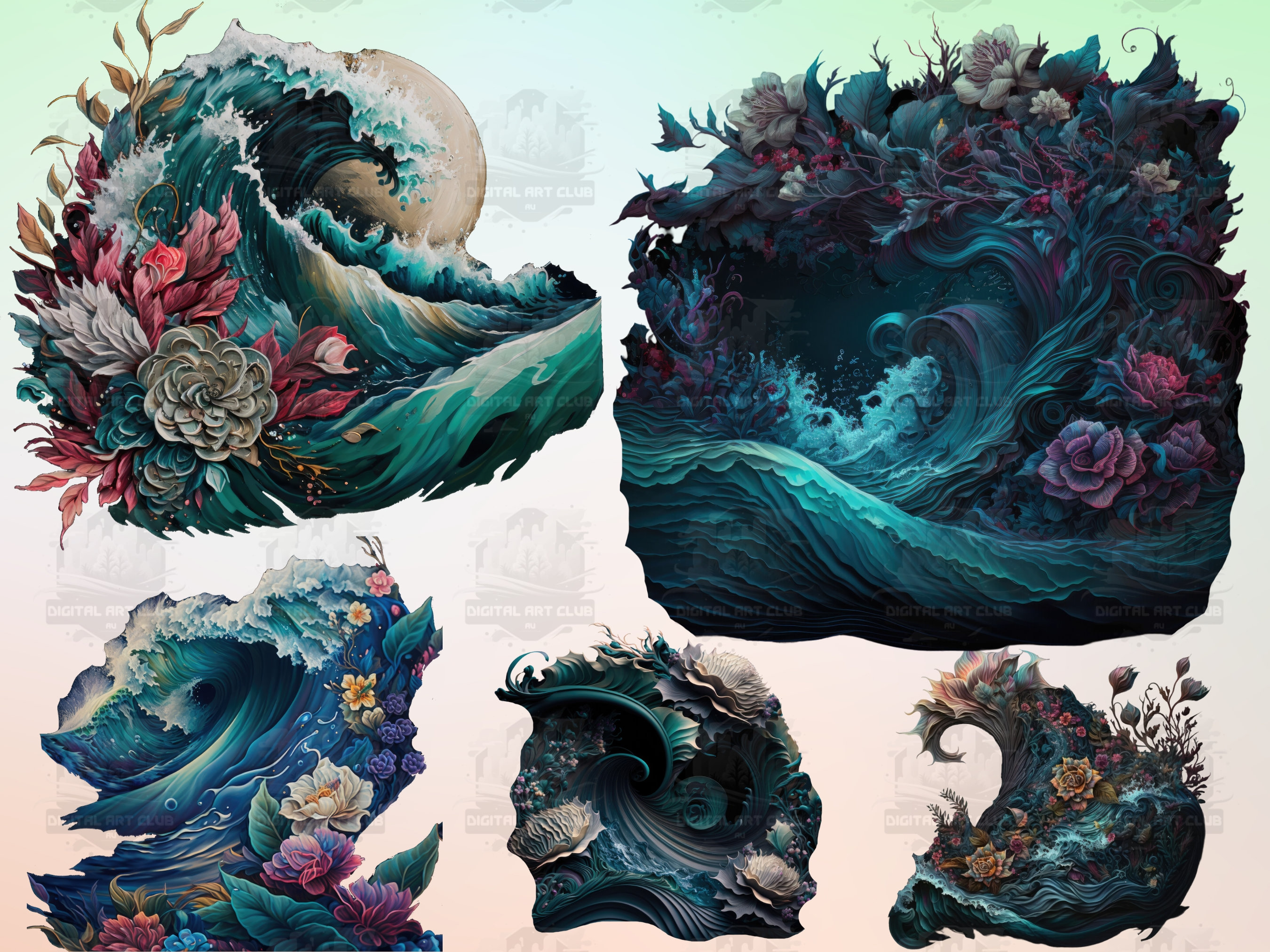 29 Fantasy Ocean Waves Clipart Floral, Surreal Digital PNG Clip Art ...