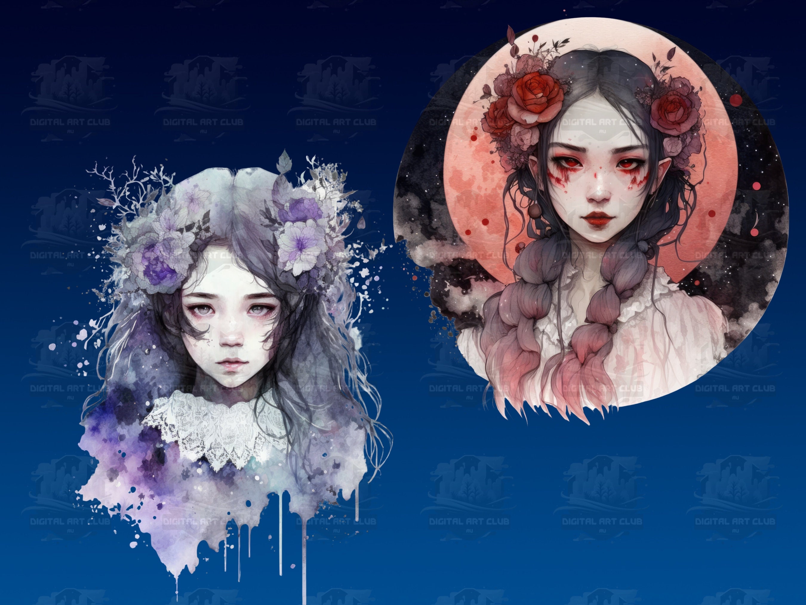 32 Watercolor Vampire Girls Clipart Floral, Fantasy, Galaxy Digital PNG ...