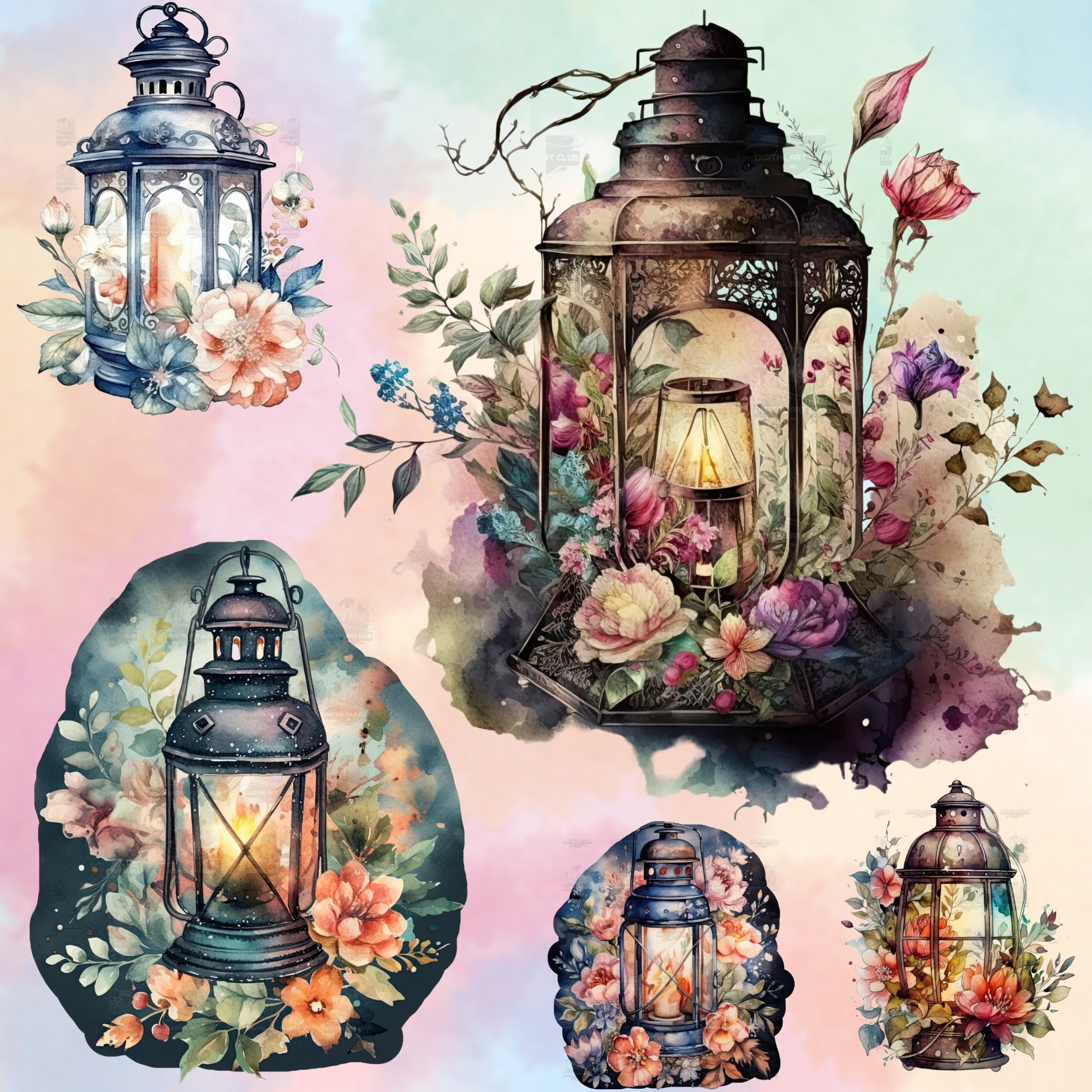 25 Watercolor Floral Vintage Lantern Clipart | Fantasy, Surreal ...