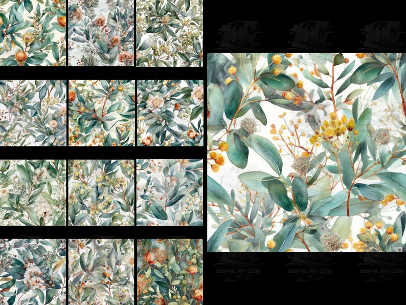 13 Watercolor Eucalyptus Digital Papers, Scrapbooking, Floral & Leaves ...