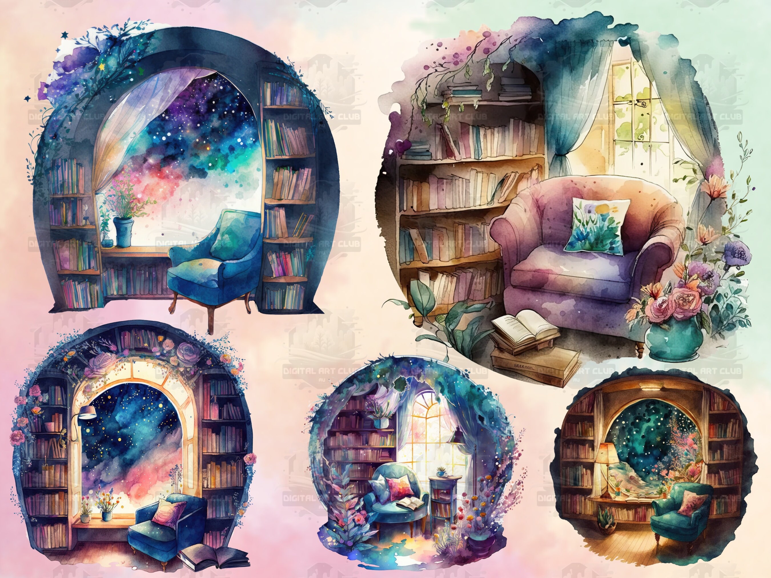 29 Watercolor Reading Nooks Clipart Fantasy, Floral, Galaxy, Home ...