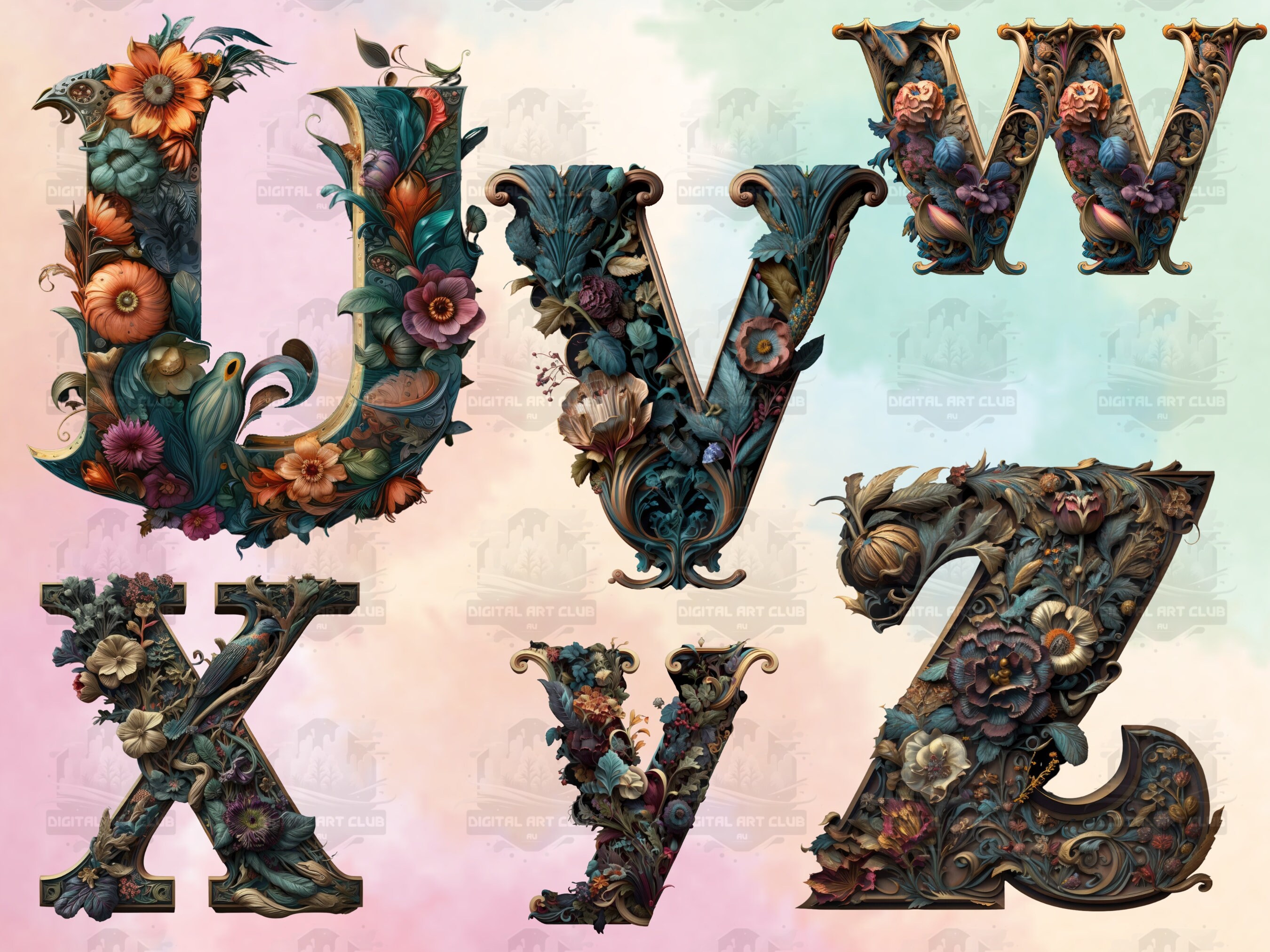 26 Dark Fantasy Alphabet Letters Clipart Floral, Fairy, Gothic Digital ...