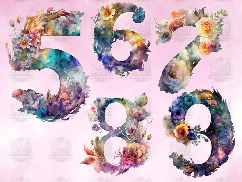 10 Watercolor Floral Numbers Clipart Magical, Fairy, Fantasy Digital ...