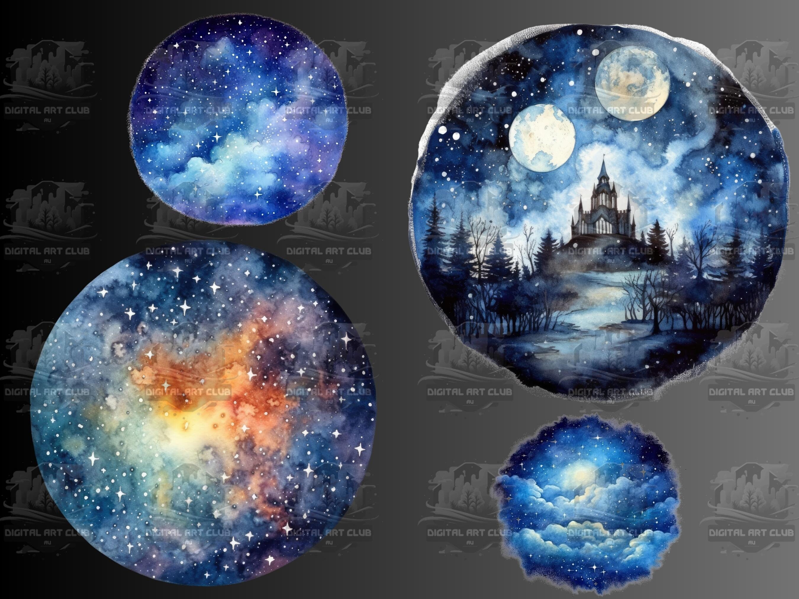 28 Watercolor Starry Nightscape Clipart | Fantasy,galaxy | Digital PNG ...