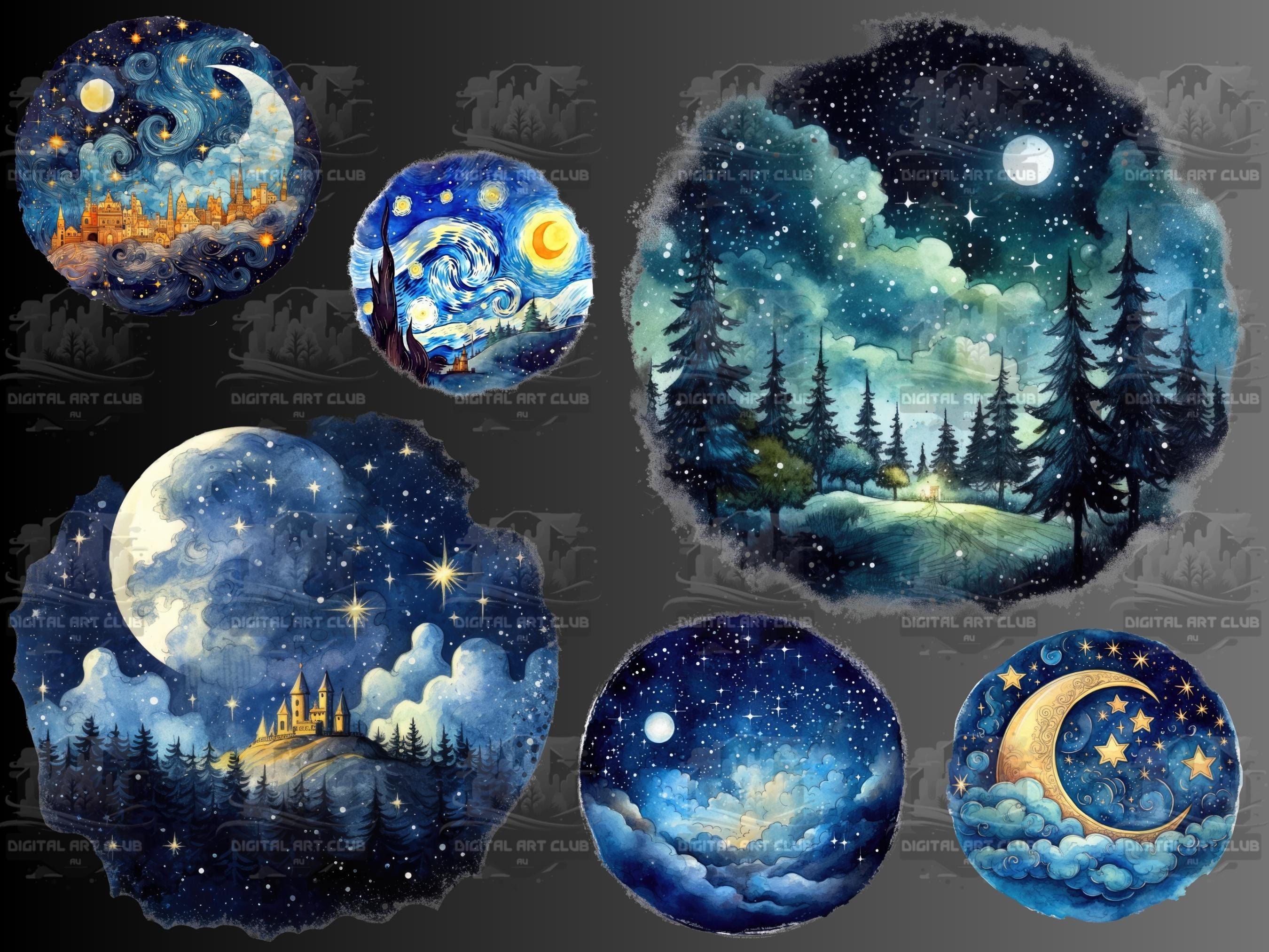 28 Watercolor Starry Nightscape Clipart | Fantasy,galaxy | Digital PNG ...