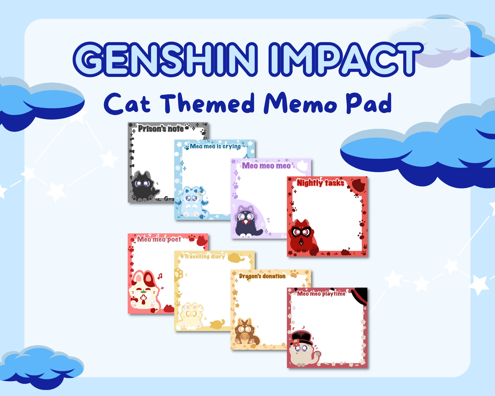 Genshin Impact Meow Meow Note Memo Pad Kazuha Lumine Lyney Zhongli ...