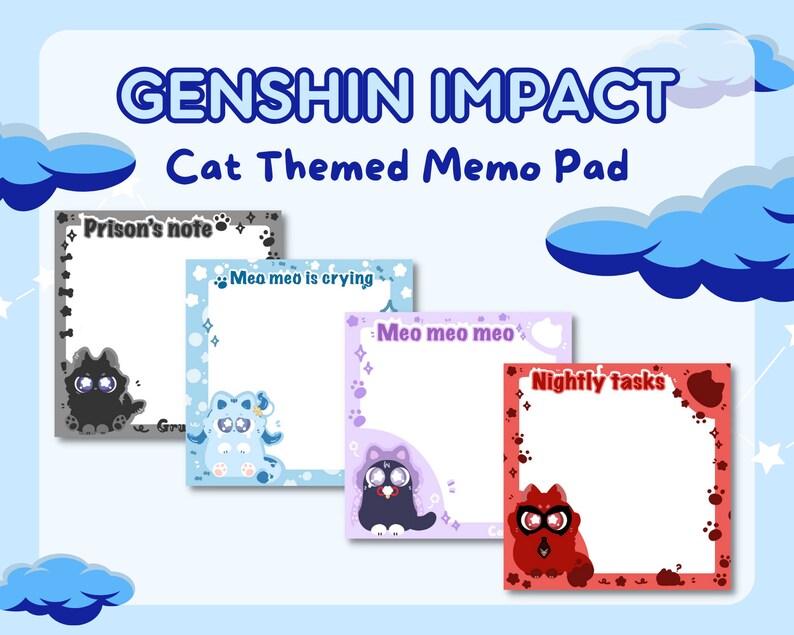 Genshin Impact Meow Meow Note Memo Pad Kazuha Lumine Lyney Zhongli Wriothesley Neuvilette Diluc ...