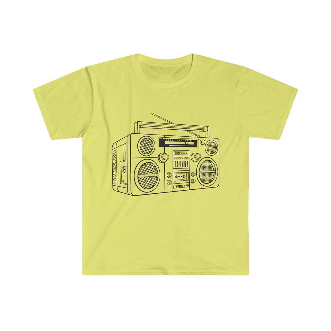 Boombox T Shirt Black Lines Radio Ghetto Blaster Tape Deck Cassette