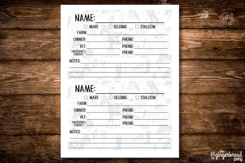 Printable HORSE STALL Info Card Form Travel Information Essentials ...