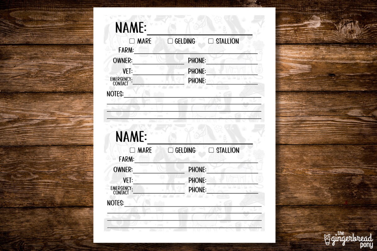 Printable HORSE STALL Info Card Form | Travel Information Essentials ...