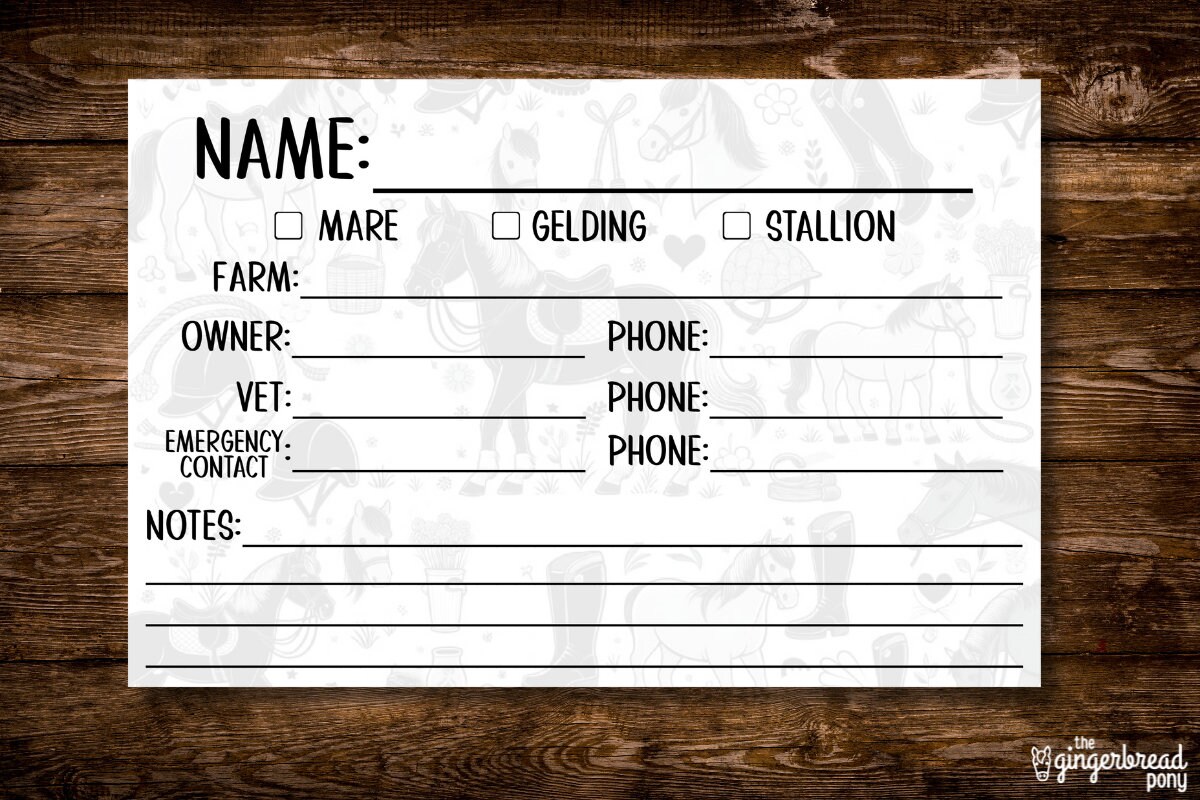 Printable HORSE STALL Info Card Form | Travel Information Essentials ...